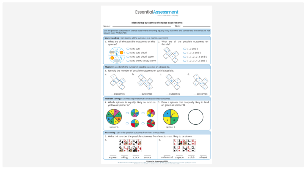 Australian Curriculum Free Maths Worksheets | Essential Assessment